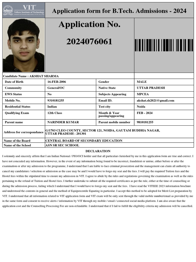 Application No. 2024076061: Application Form For B.Tech. Admissions ...