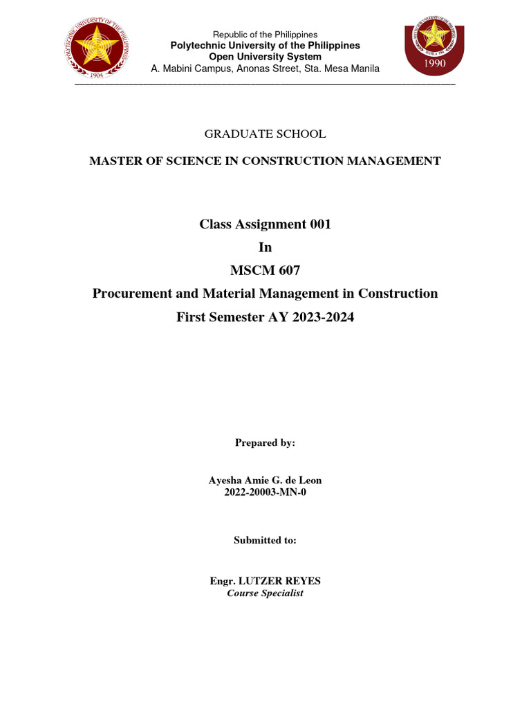 Assignment 01 - de Leon, Ayesha Amie G. | PDF | Project Management | Procurement