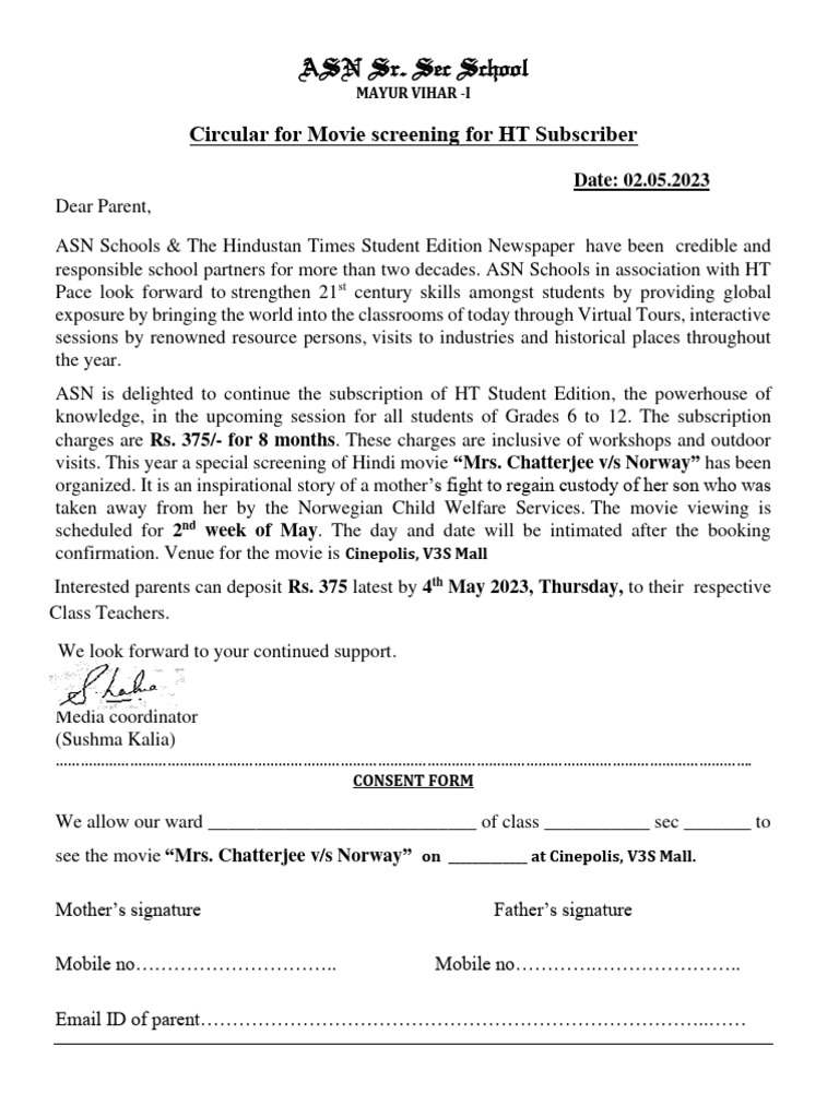 Circular and consent form for Movie screening for HT Subscriber | PDF