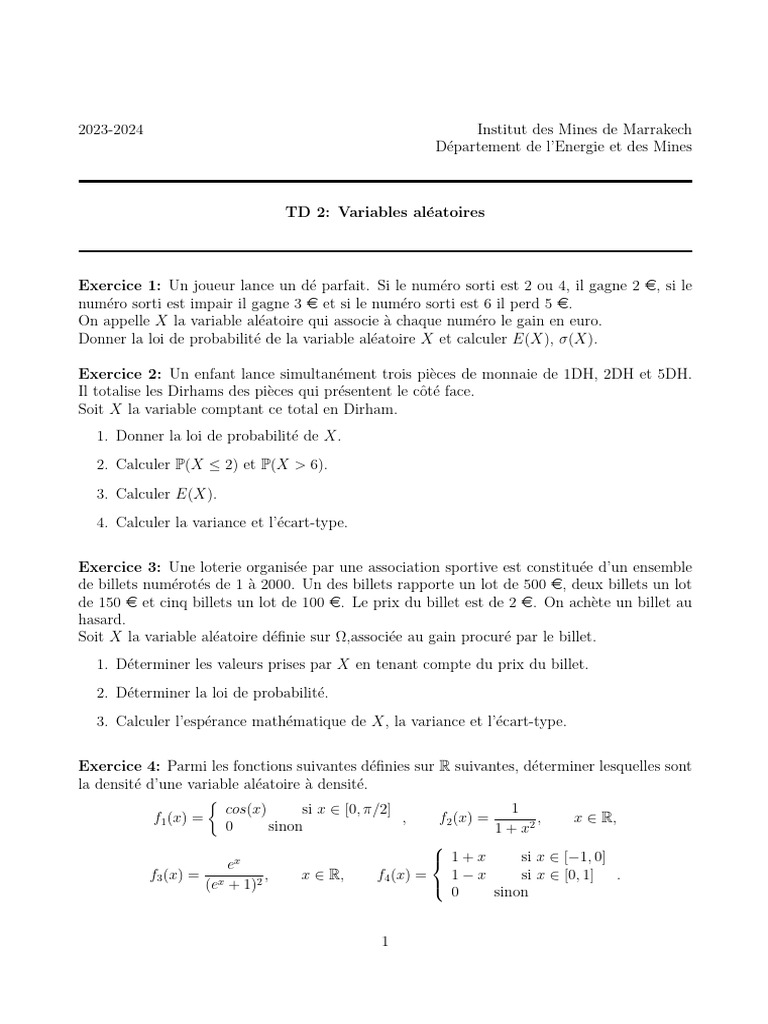 Variables aléatoires : Exercices et solutions | PDF | Variable aléatoire | Espérance mathématique