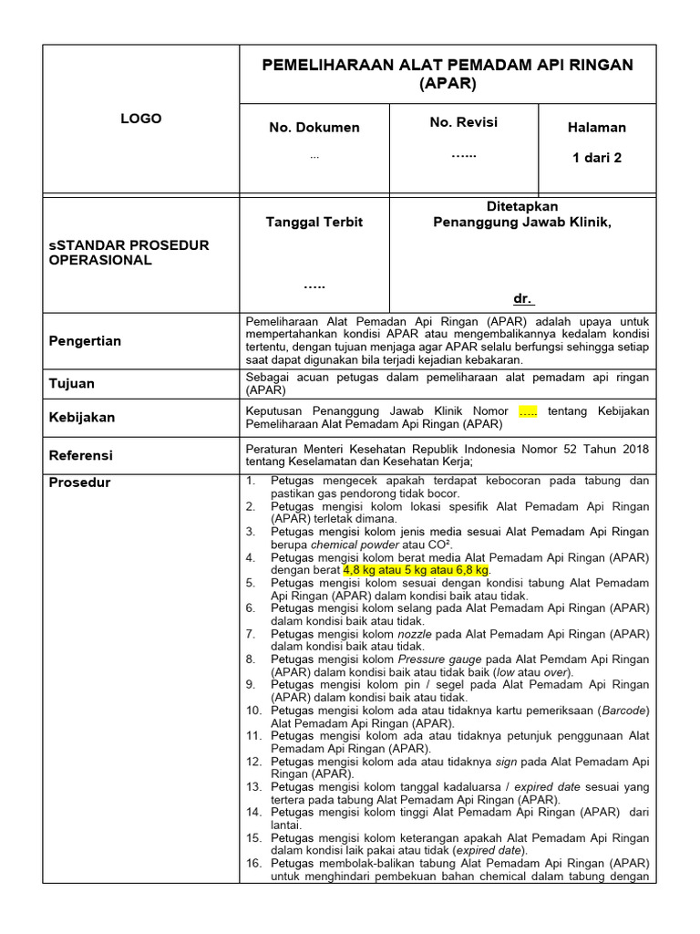 Spo Pemeliharaan Apar | PDF