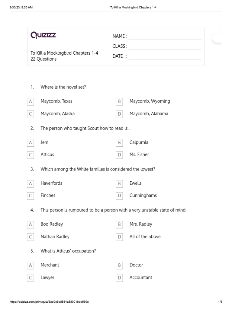 To Kill A Mockingbird Chapters 1-4 | PDF | To Kill A Mockingbird