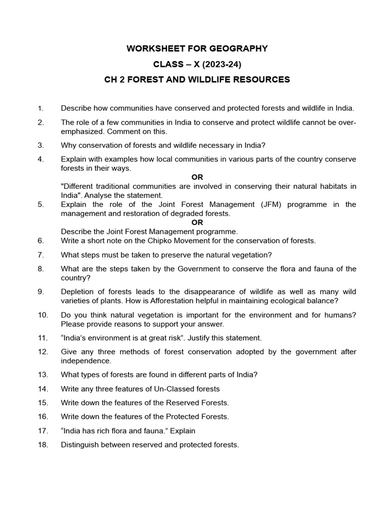 Worksheet For Geography - CH 2. Forest and Wildlife Resources | PDF
