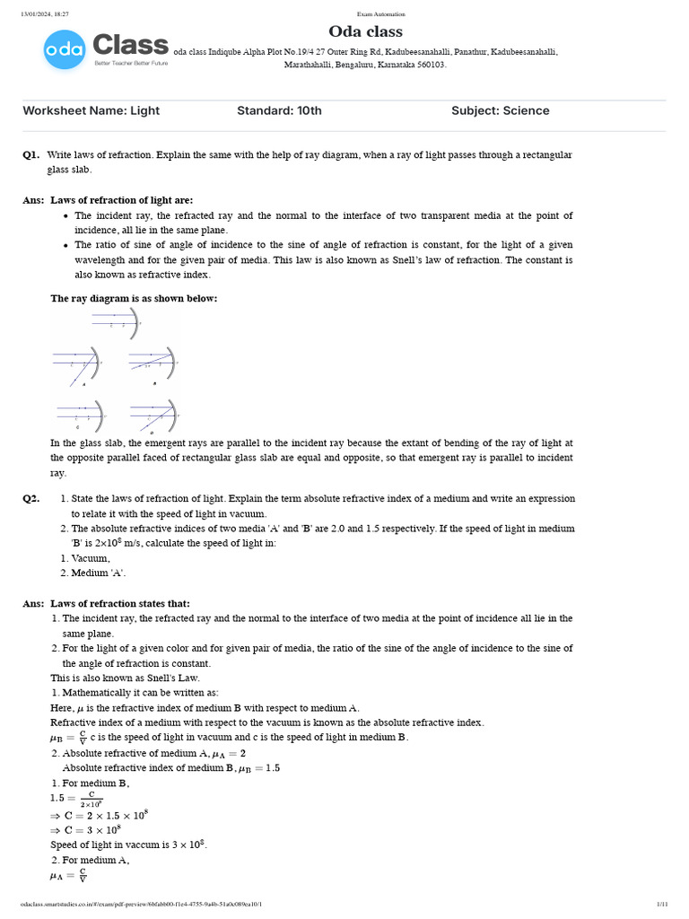 Light Worksheet | PDF | Mirror | Refraction