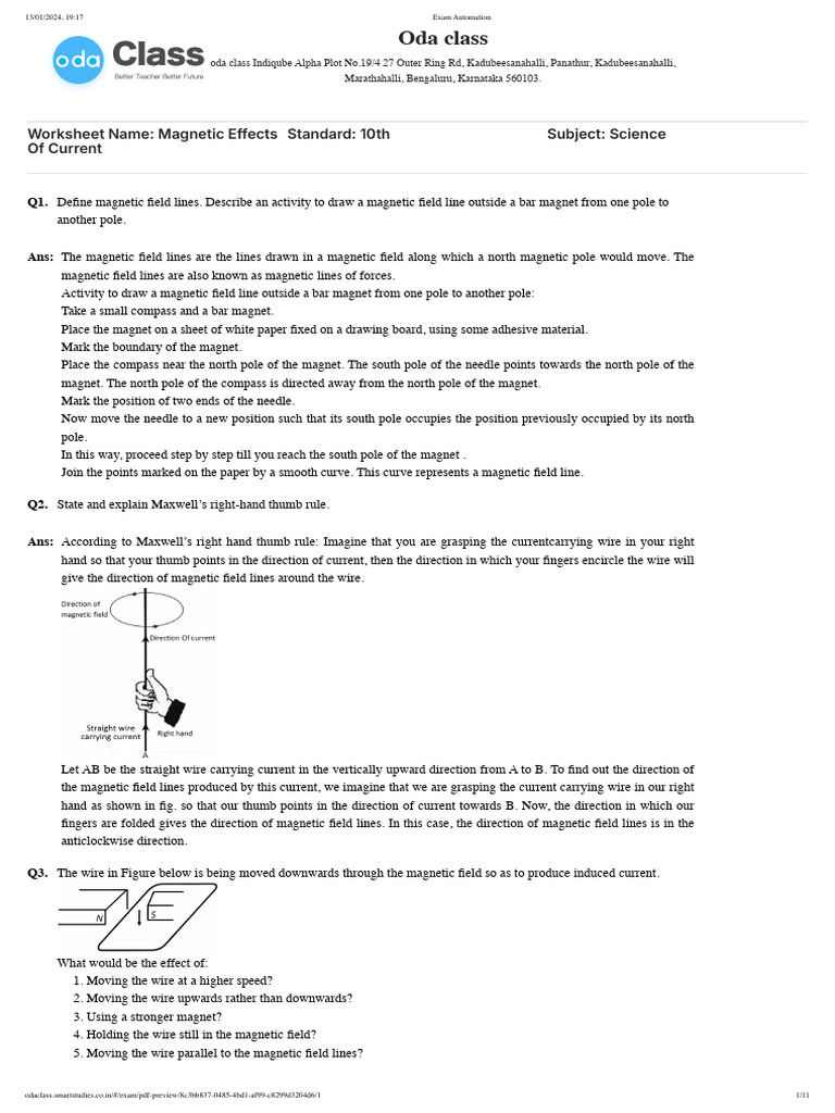 Magnetic Effects of Current Worksheet | PDF | Magnetic Field ...