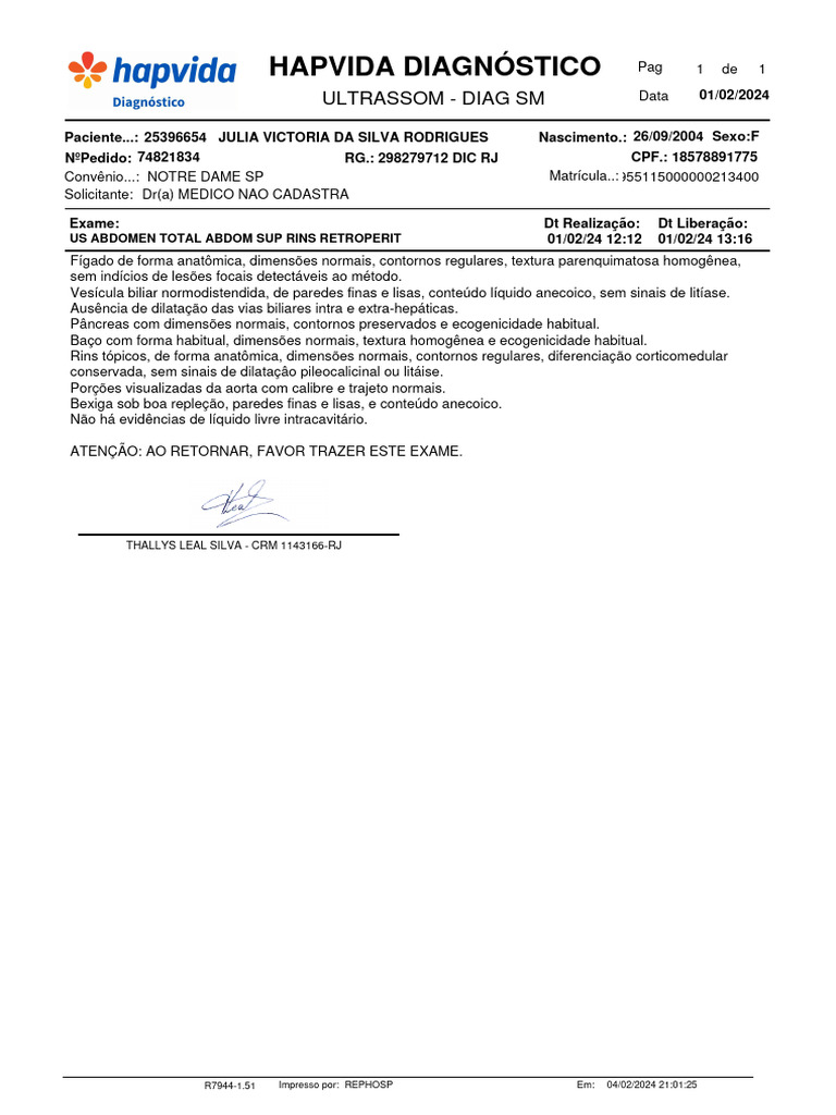 Hapvida Diagnóstico: Ultrassom - Diag SM | PDF | Ciências e Matemática