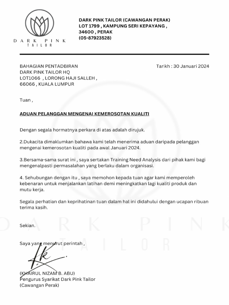 Contoh Surat Aduan Pelanggan | PDF