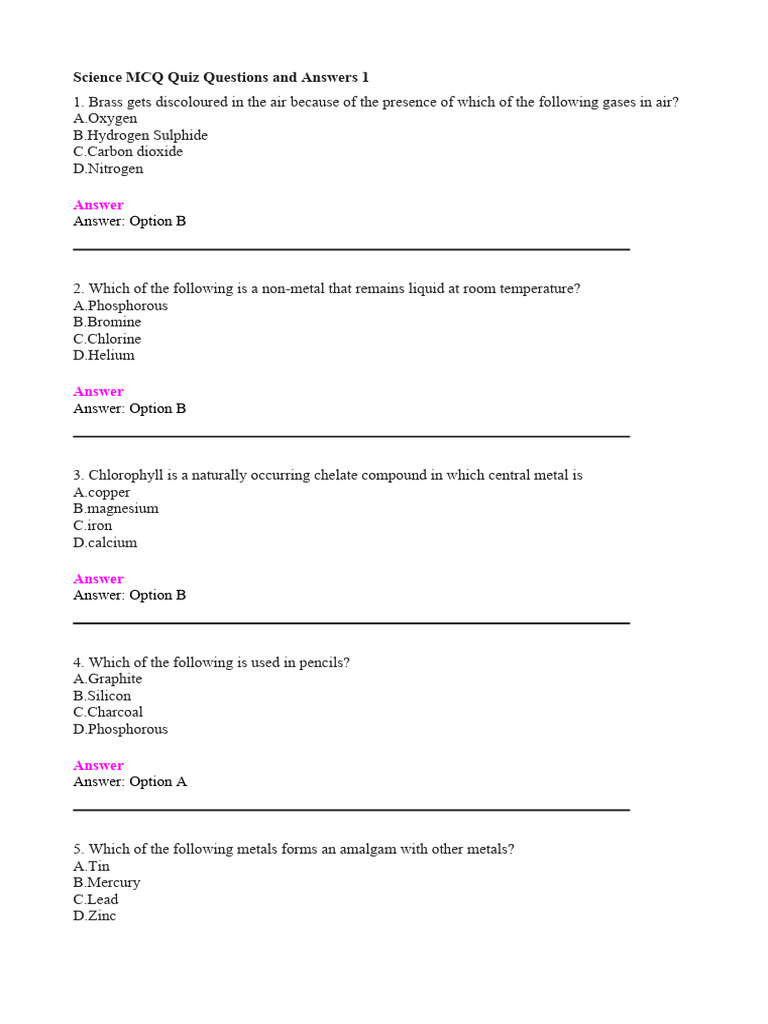 Science MCQ Quiz Questions and Answers 1 | PDF | Oxide | Metals