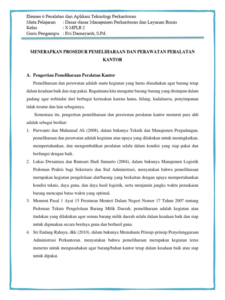 Menerapkan Prosedur Pemeliharaan Dan Perawatan Peralatan Kantor | PDF ...