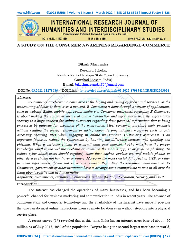 A Study On The Consumer Awareness Regardinge-Commerce | PDF | E Commerce | Information Technology