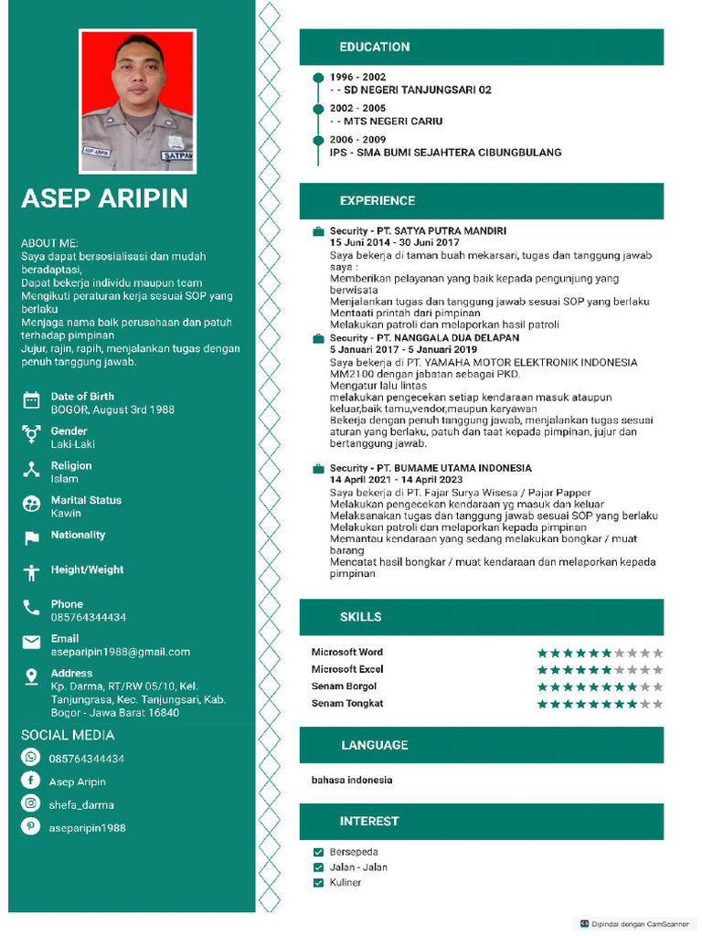 CV Satpam Cikarang Asep Aripin | PDF