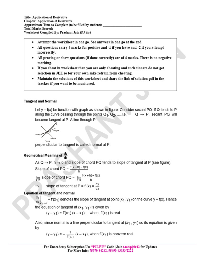 Worksheet - 1 Tangent - Normal | PDF | Tangent | Slope