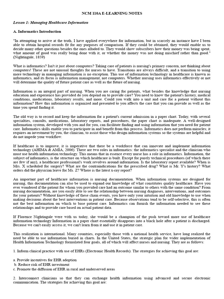 NCM 110a Elearning Notes Prelims | PDF | Health Informatics | Nursing