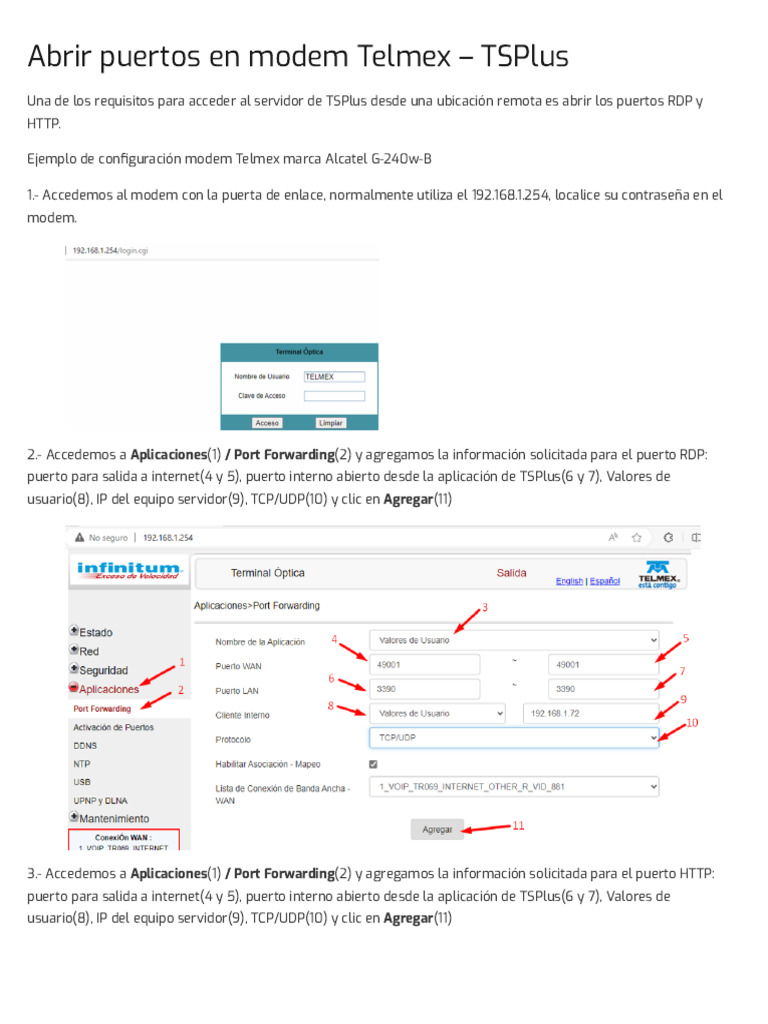 Abrir Puertos en Modem Telmex para TSPlus | PDF