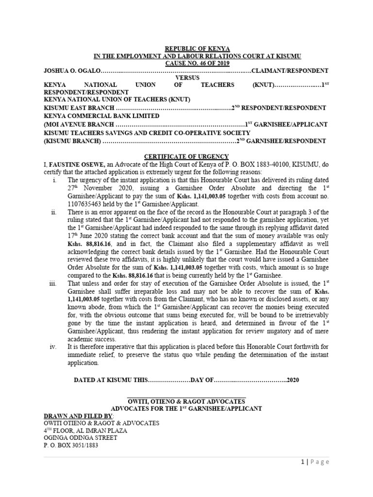 Joshua Ogalo VS Knut and KCB | PDF | Affidavit | Garnishment