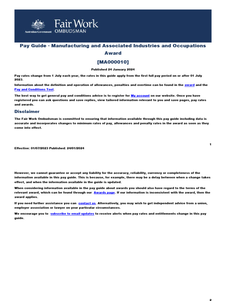 Manufacturing Award Pay Guide 2024 | PDF | Shift Work | Information