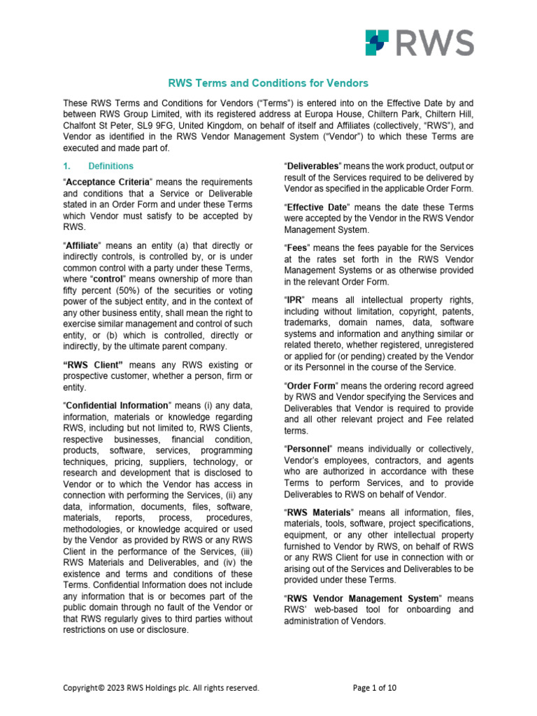 RWS Vendor Terms and Conditions | Download Free PDF | Indemnity | Invoice
