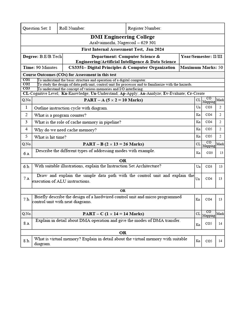 Cs3351 - Dpco - Int 2 - Set 1 | PDF | Cpu Cache | Manufactured Goods