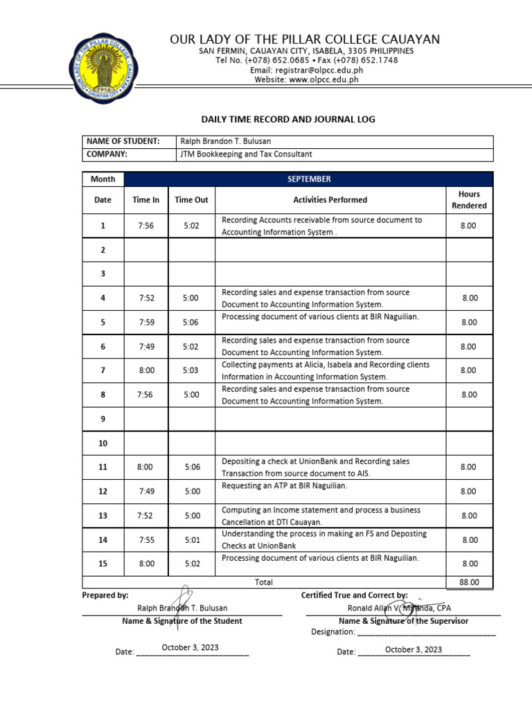 DTR and Journal Log FTM of September - Bulusan, Ralph Brandon T. | PDF ...