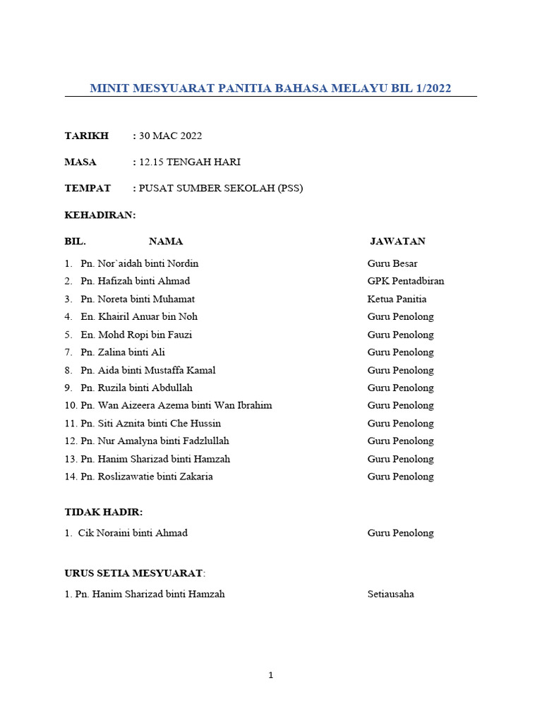 Minit Mesyuarat Panitia BM 1 - 2022 | PDF
