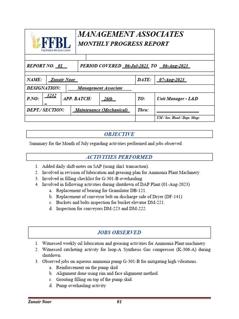 July 2023 Progress Report: Management Associate | PDF | Pump | Machines