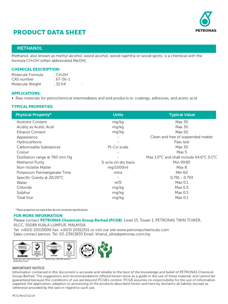 Methanol PDS Petronas | PDF