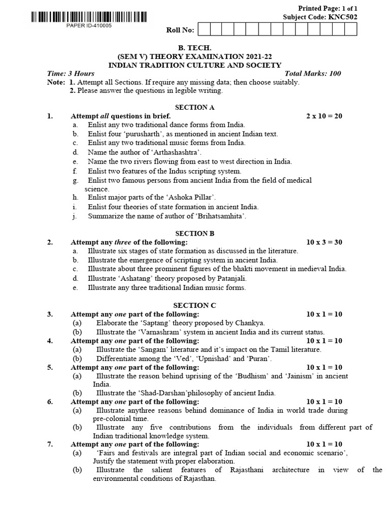 Btech NC 5 Sem Indian Traditions Cultural and Society knc502 2022 | PDF Btech NC 5 Sem Indian Traditions Cultural and Society knc502 2022 | PDF