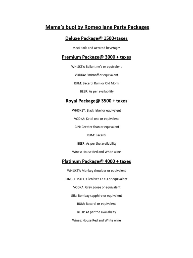 Mama's Rohini Party Package Menu | PDF | Indian Cuisine | Cuisine