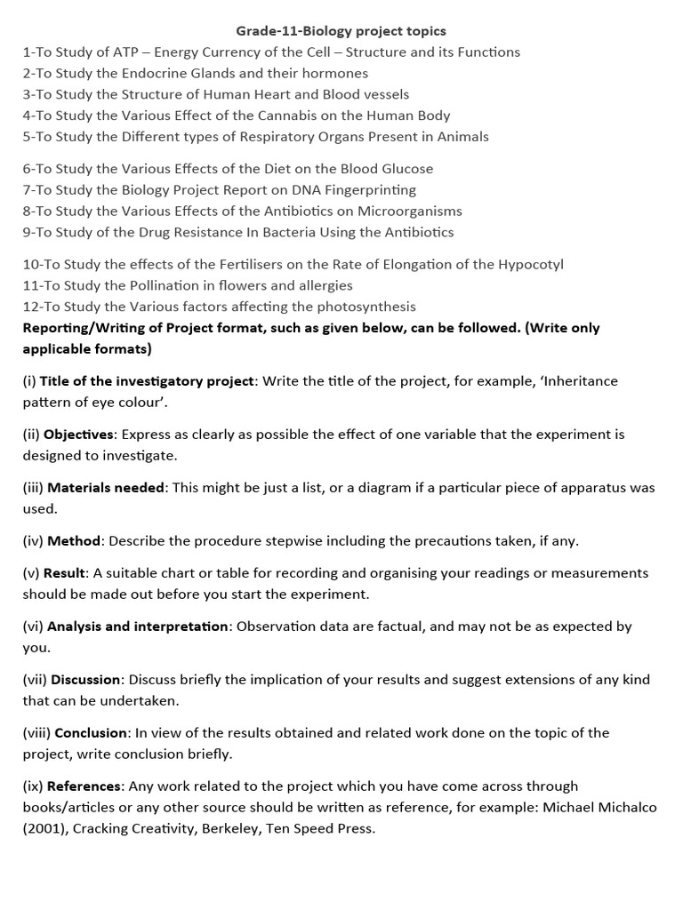 Grade 11 Biology Project Topics Guide | PDF