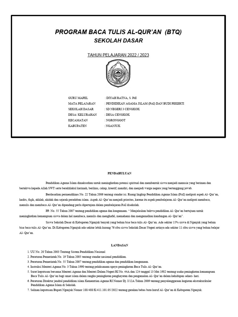 Program BTQ SD Negeri 3 Cengkok | PDF