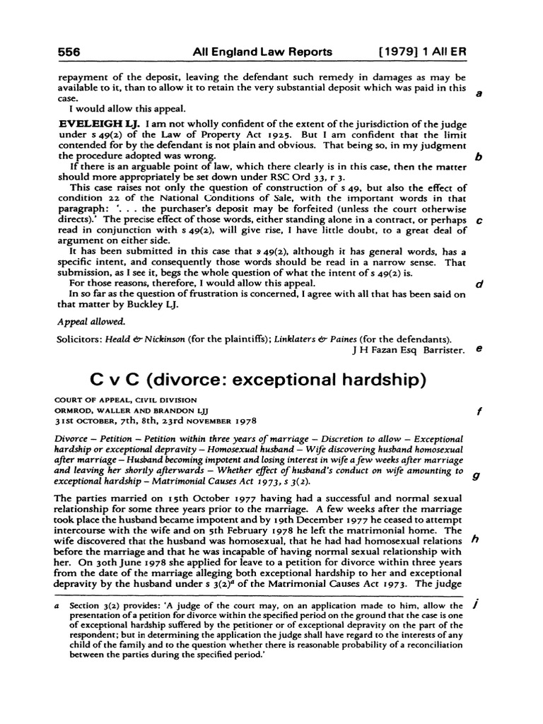 C V C (Divorce Exceptional Hardship) (1979) 1 All ER 556 | PDF