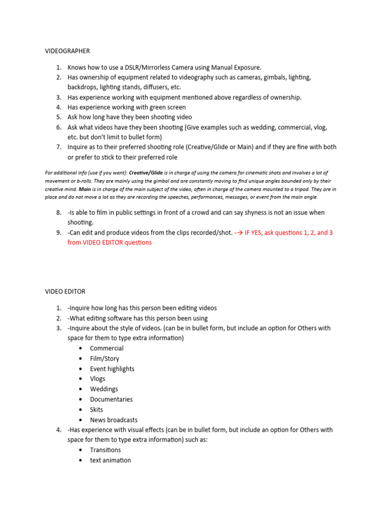 Sample Format Questions For VIDEOGRAPHER and EDITOR | PDF | Camera | Video