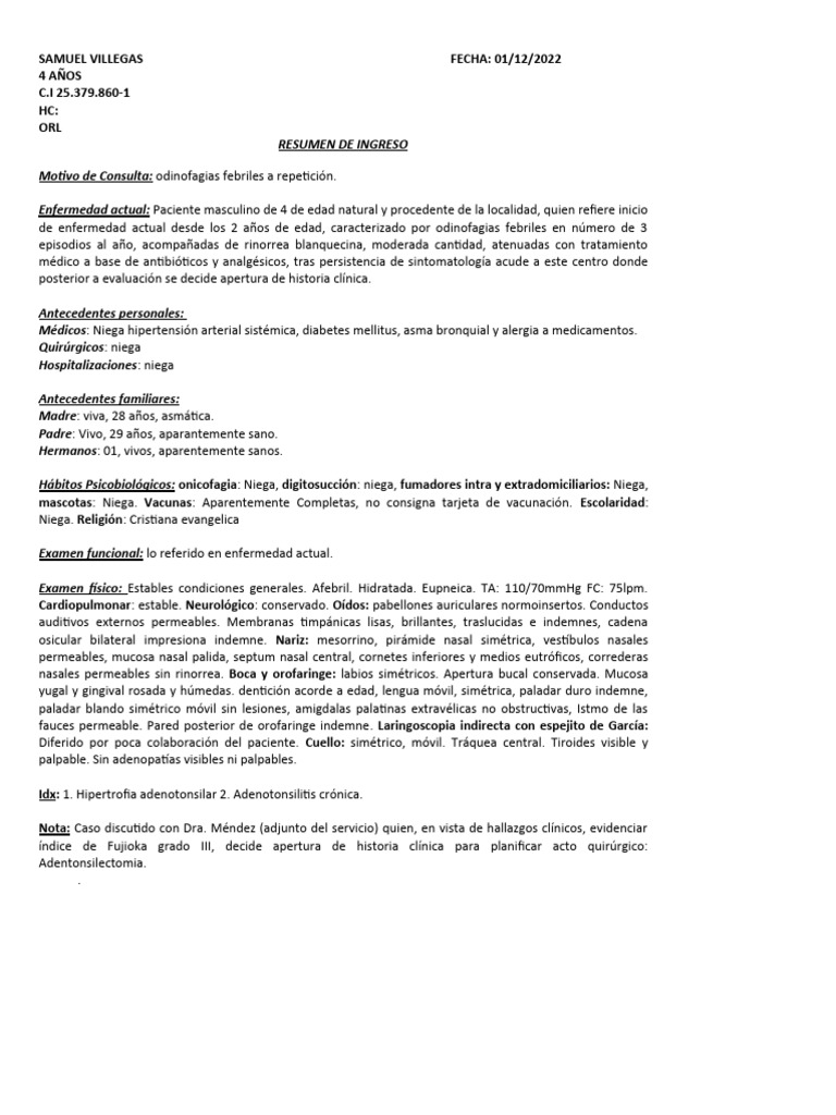 Samuel Villegas Tonsilectomia | PDF | Asma | Especialidades Medicas
