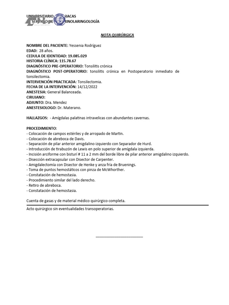 Yessenia Rodriguez Nota qxTONSILECTOMIA | PDF