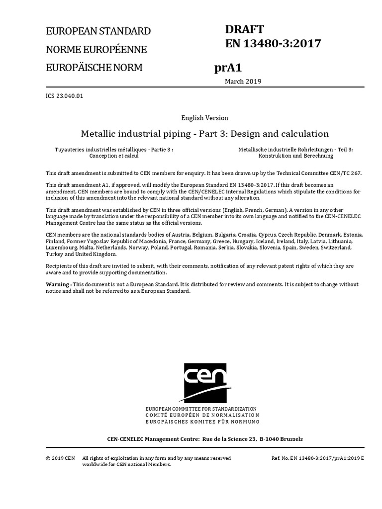 European Standard Norme Européenne Europäische Norm: Draft en 13480-3:2017 Pra1 | PDF | Europe