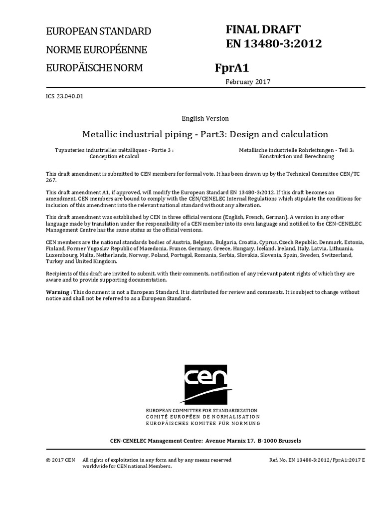European Standard Norme Européenne Europäische Norm: Final Draft en 13480-3:2012 Fpra1 | PDF ...