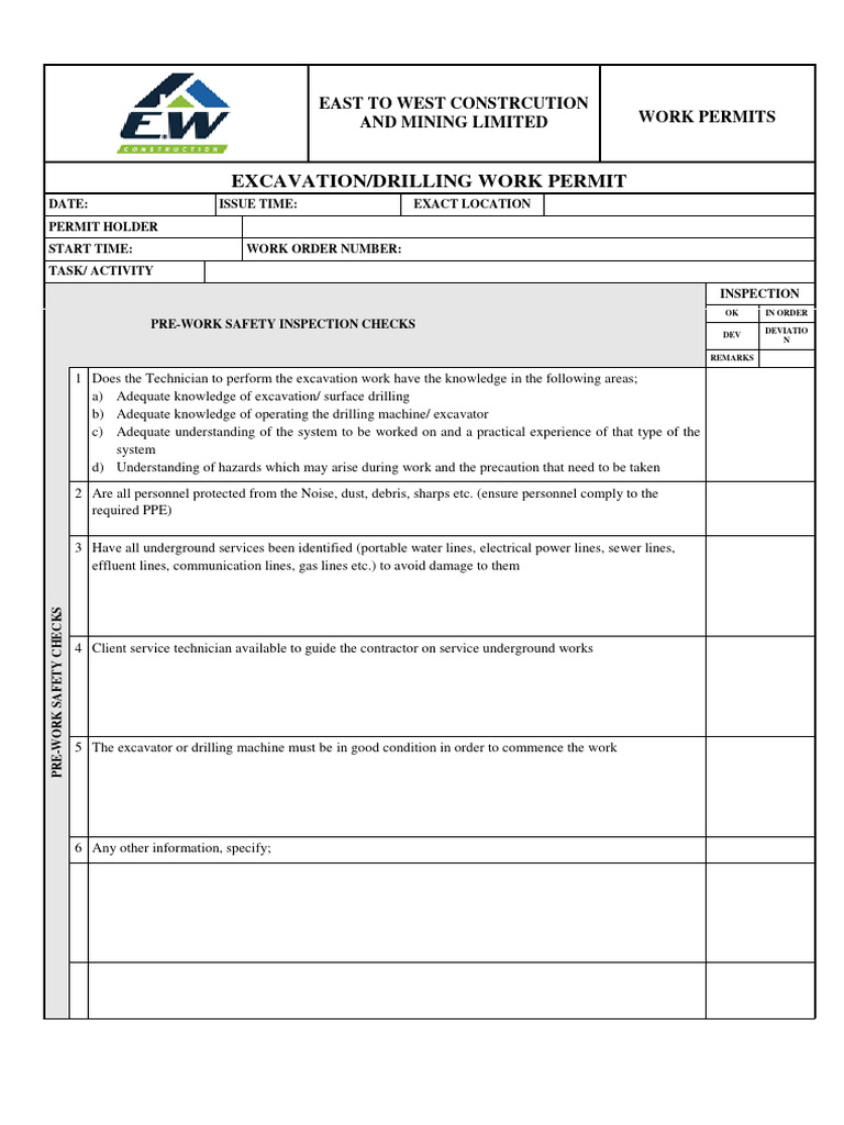 Excavation Work Permit | PDF | Personal Protective Equipment | Safety