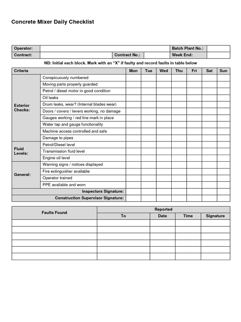 Concrete Mixer Daily Checklist | PDF