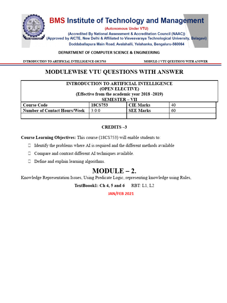 18CS753-AI-Module-2-VTU - Quesions-With Answer by MMS | PDF | Knowledge Representation And ...