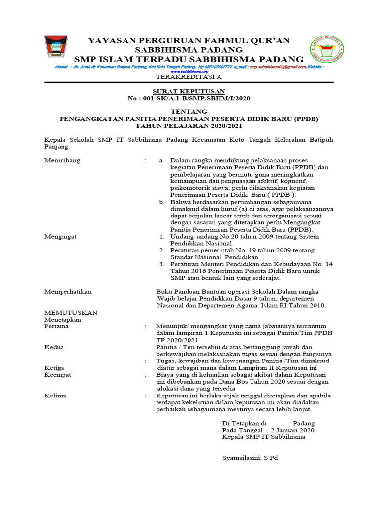 SK Panitia PPDB SMP 2020 | PDF