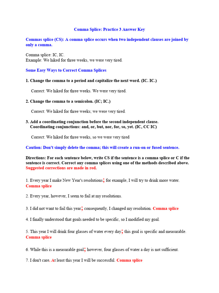 Comma Splice 3 Answer Key | PDF