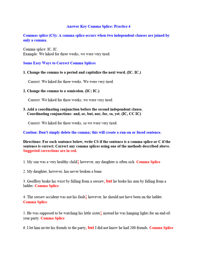 Comma Splice 4 Answer Key | PDF