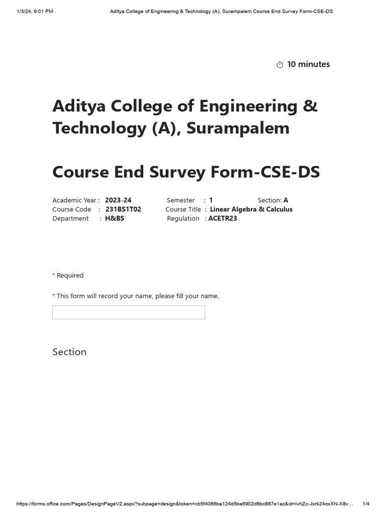 Aditya College of Engineering & Technology (A), Surampalem Course End ...