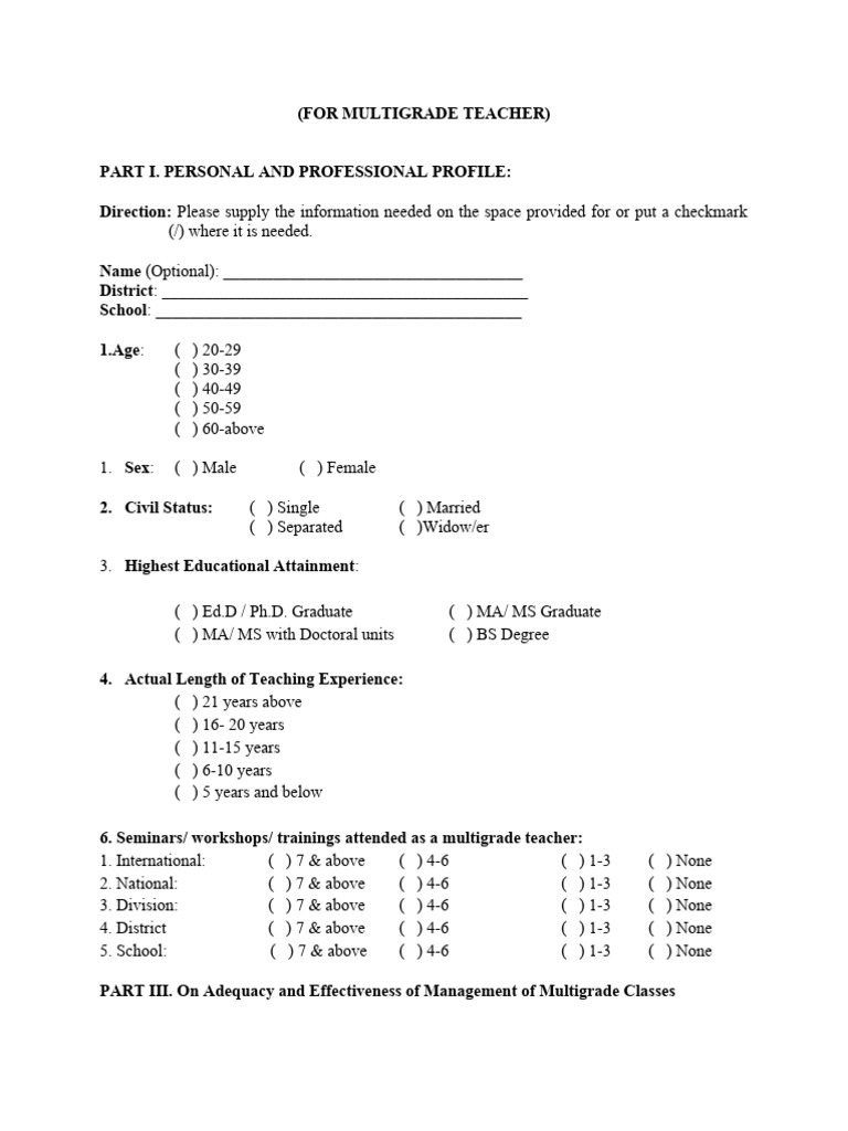 Sample Survey Questionnaire | Download Free PDF | Educational ...