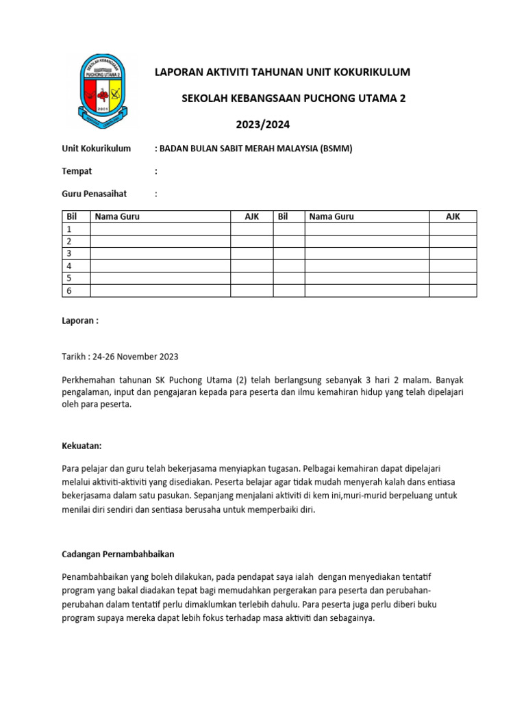 Laporan Aktiviti Tahunan Unit Kokurikulum 2023 | PDF