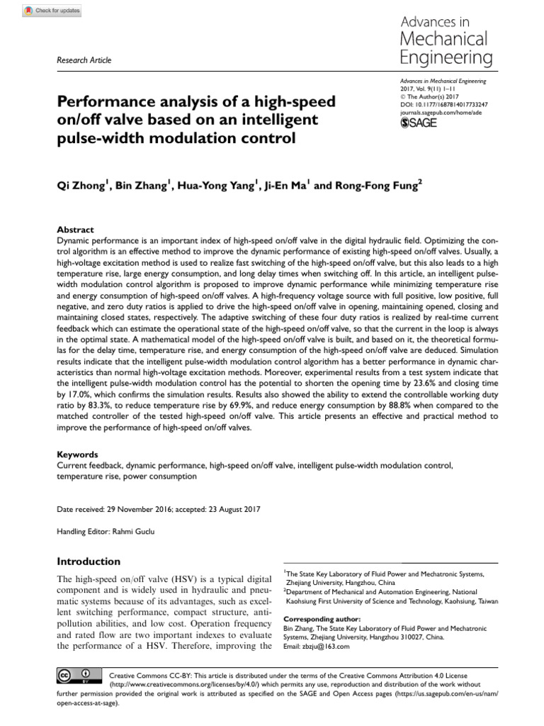Zhong Et Al 2017 Performance Analysis of A High Speed On Off Valve Based On An Intelligent Pulse ...