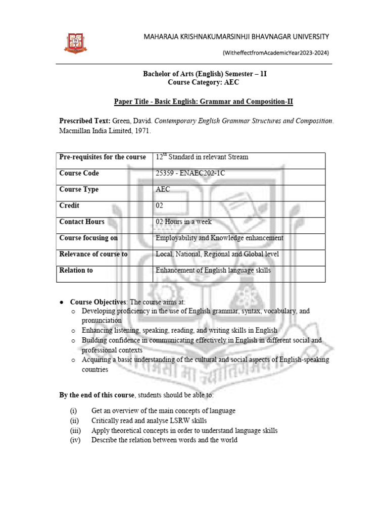 BA Sem-2 English - AEC - 25359 - Basic English Grammar and Composition ... BA Sem-2 English - AEC - 25359 - Basic English Grammar and Composition ...