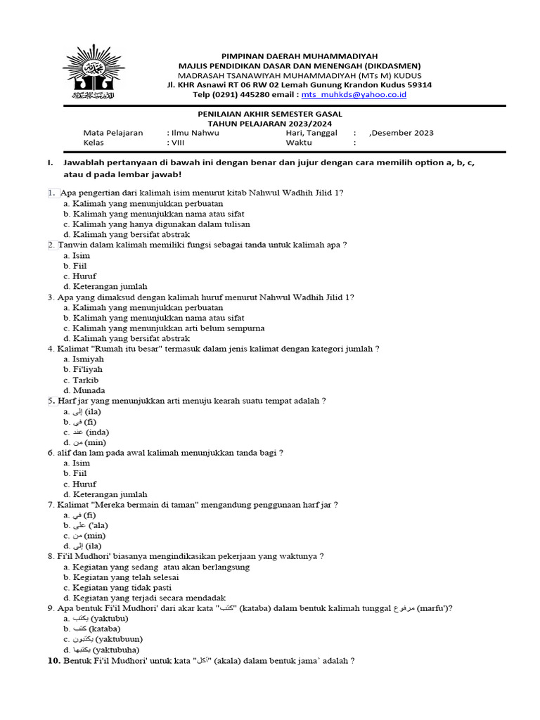 Soal Pas 1 Nahwu Kelas Viii Pdf