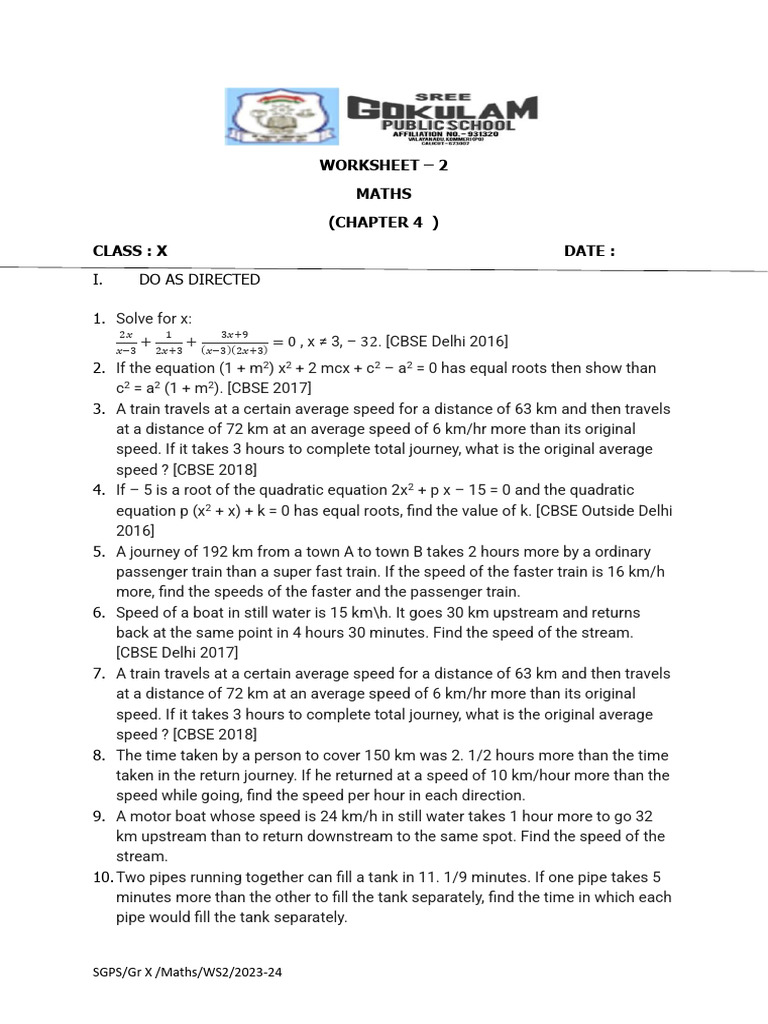 Maths Worksheet: Class X Equations | PDF