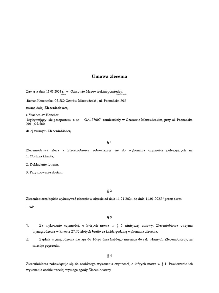 Umowa Zlecenia Ze Stawka Godzinowa | PDF